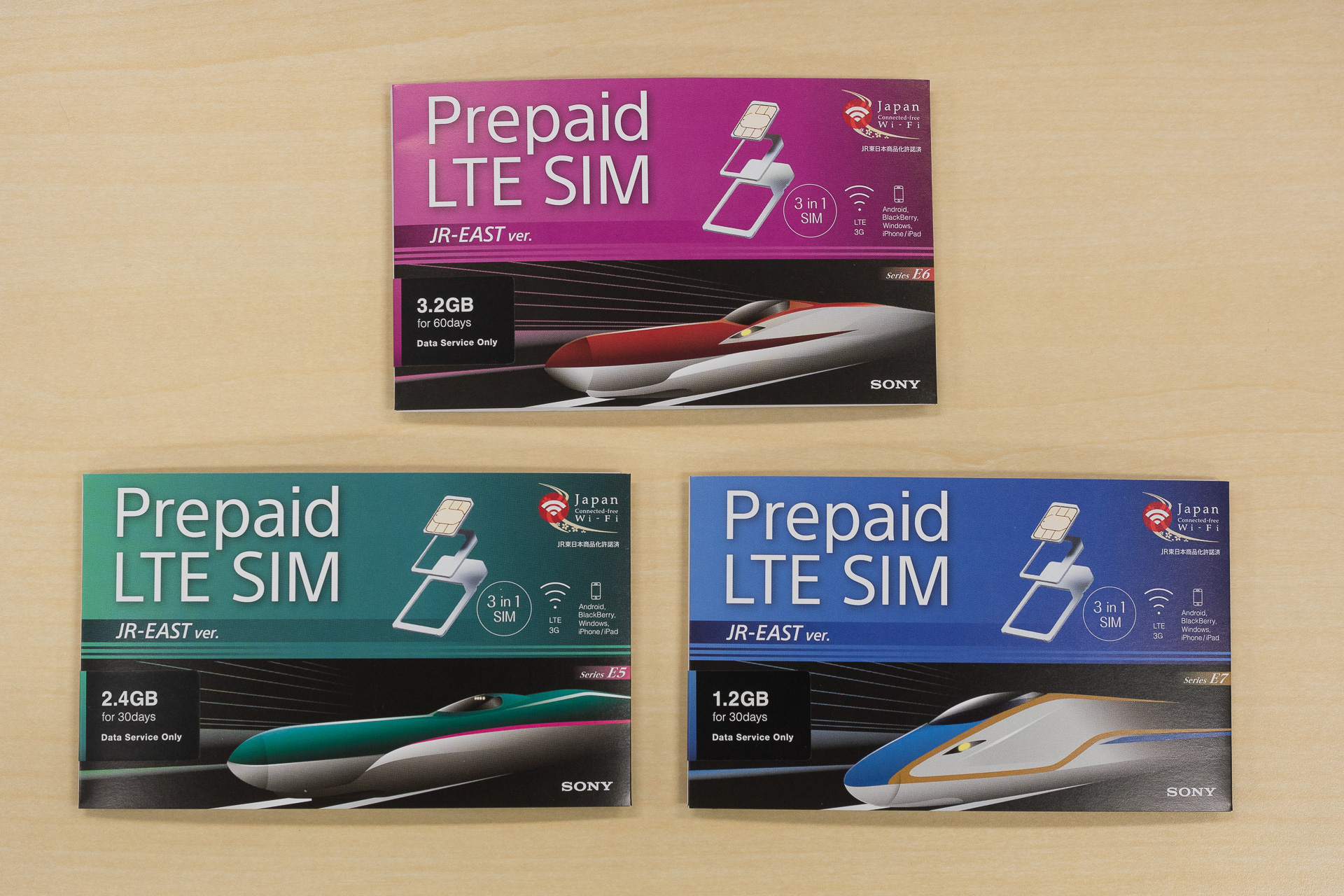 JR東日本、E7系/E6系/E5系をパッケージに描いた新幹線デザインの「Prepaid LTE SIM JR-EAST ver.」。8月1日発売 3種類の形状に対応する“3 in 1 SIM ...