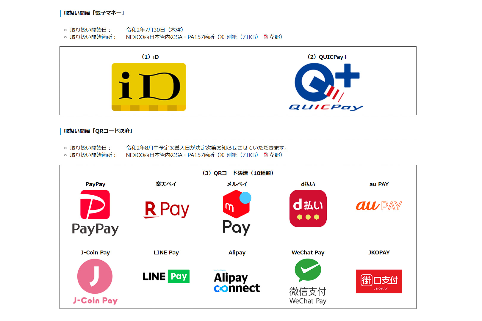 NEXCO西日本、管内のSA/PAでiDとQUICPay、QRコード決済に対応 - トラベル Watch